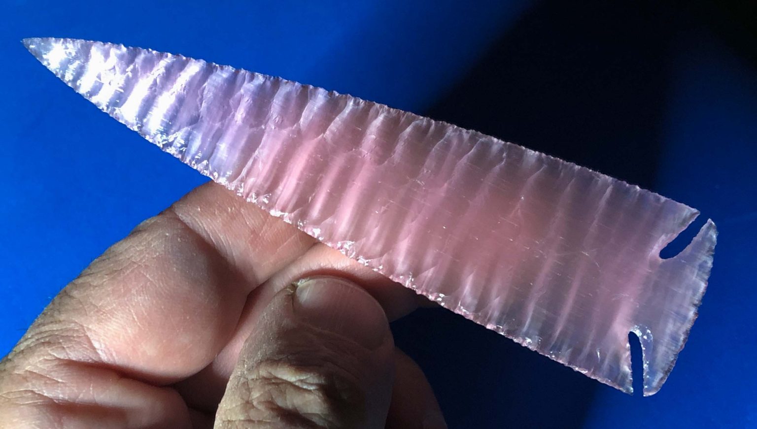 Flintknapped Pink Fiber Optic Arrowhead - Art of Ishi